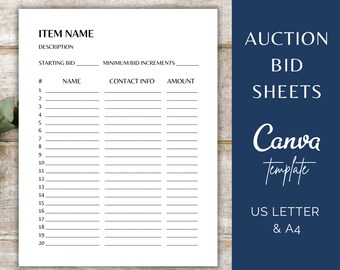Silent Auction Bid Form, Silent Auction Canva Template, Silent Auction ...