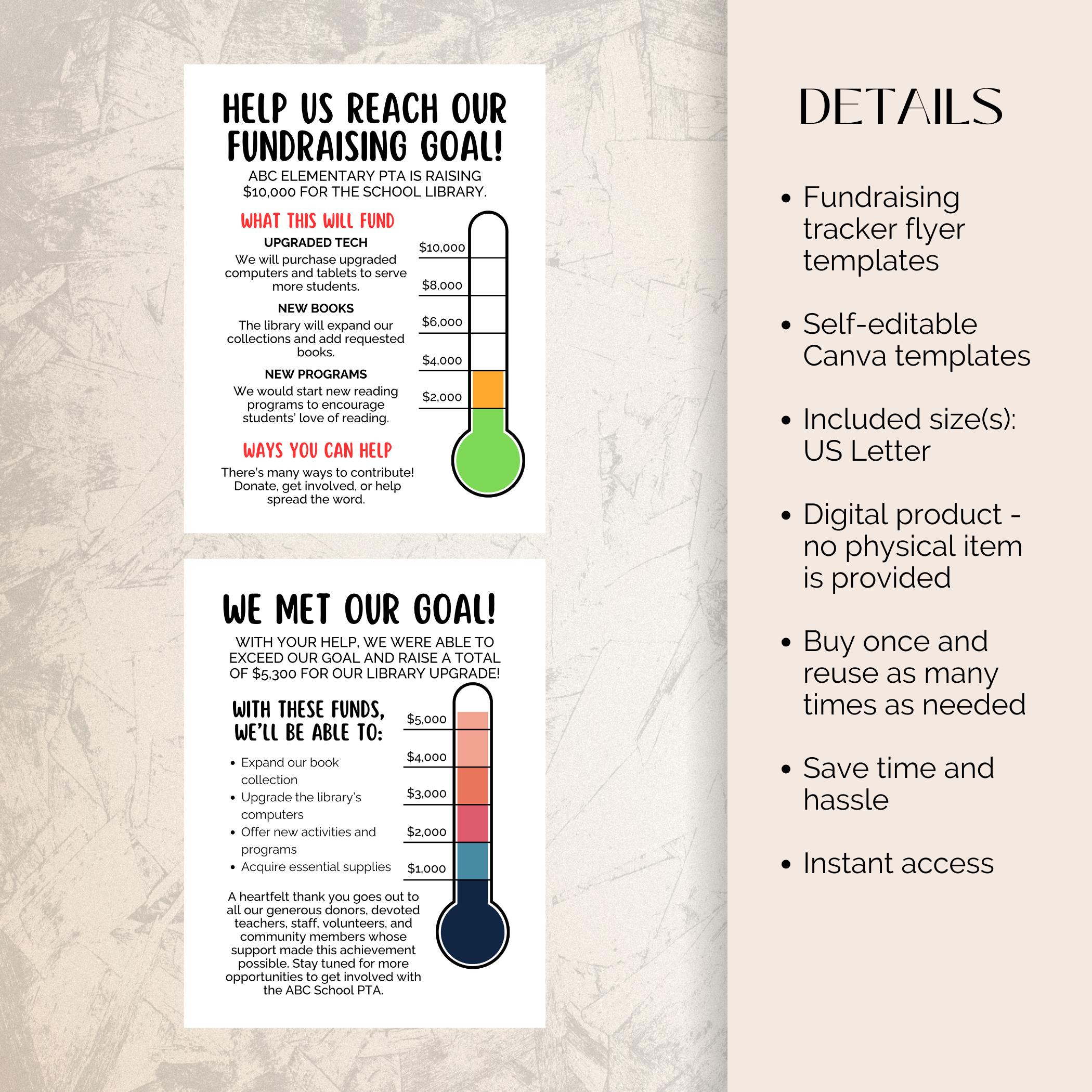 PTO Fundraiser Tracker Flyer Canva Template, Fundraising Thermometer ...