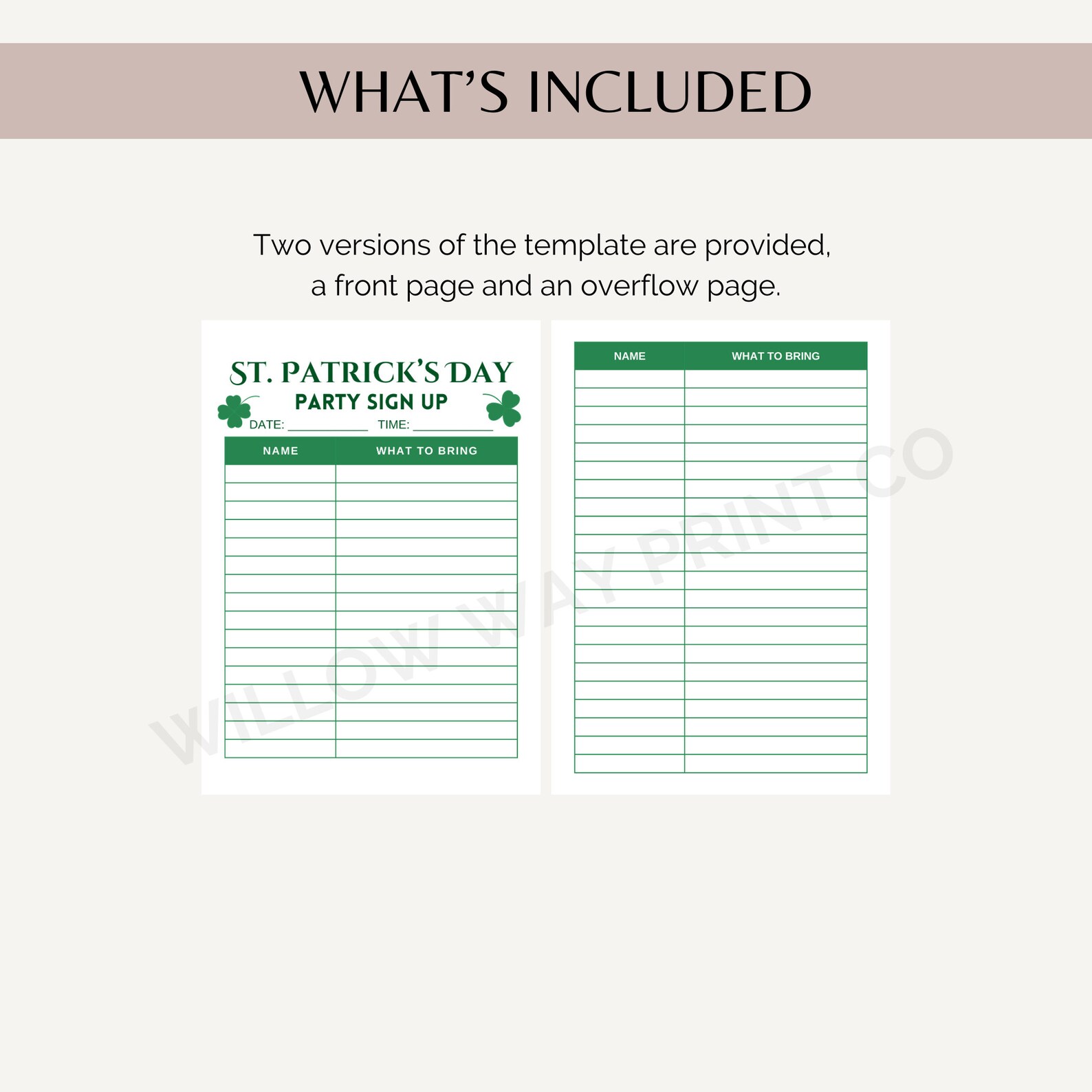 St. Patrick's Day Sign up Sheet, Printable St Patty's Day Potluck Sign ...