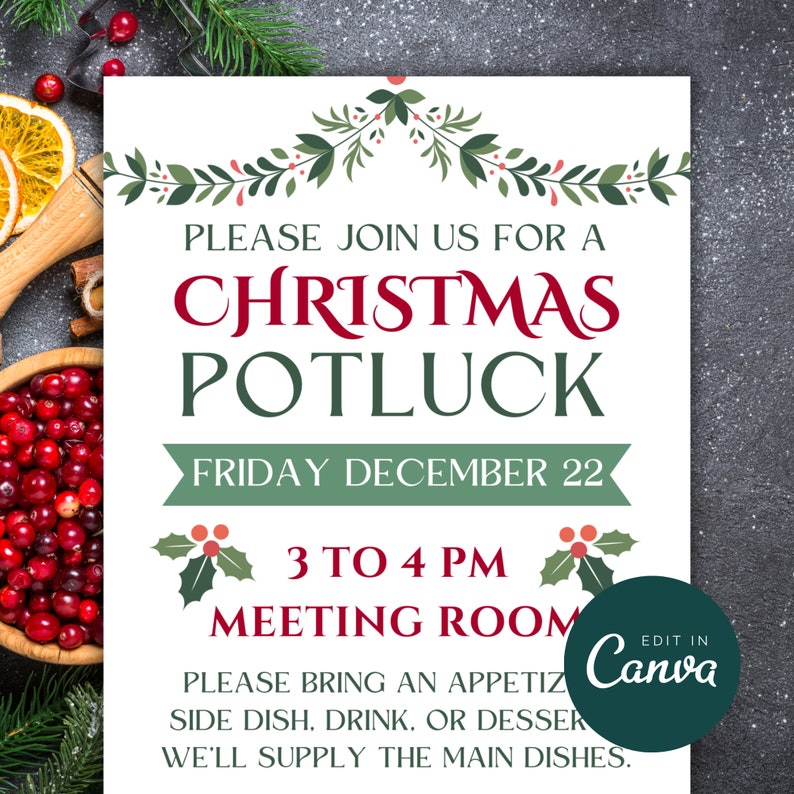 Holiday Potluck Flyer Templates, Winter Potluck Sign, Christmas Office ...