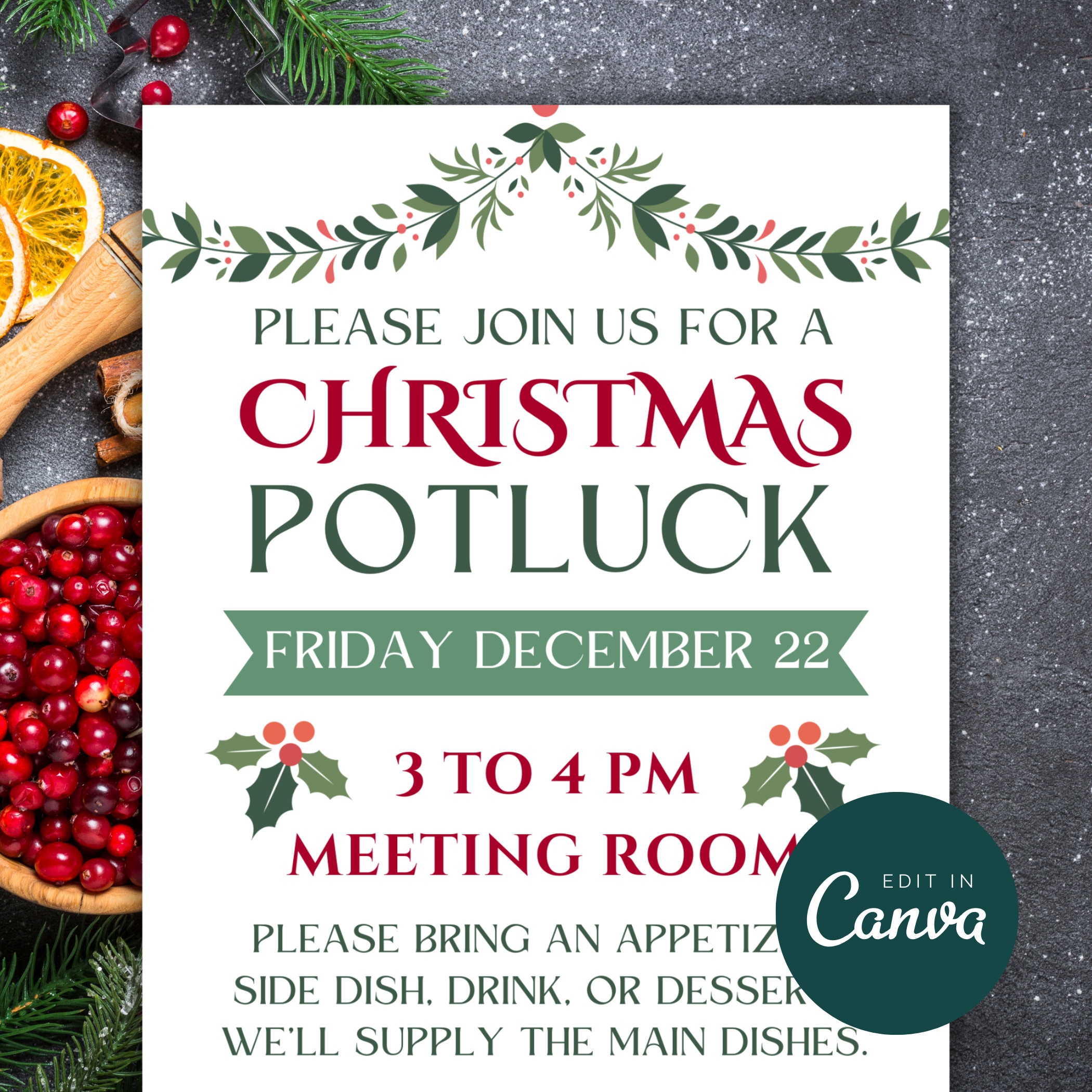 Holiday Potluck Flyer Templates, Winter Potluck Sign, Christmas Office ...