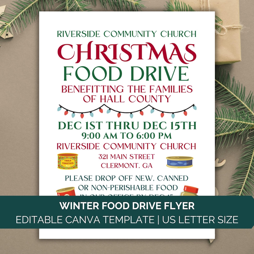 Christmas Food Drive Flyer, Editable Holiday Food Drive Flyer Template, Printable Sign Canva ...