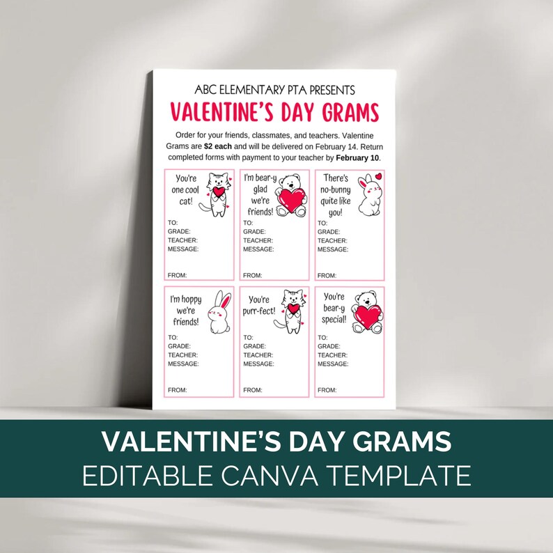 Valentine's Day Gram Fundraiser Canva Template, Animal Valentine Candy ...