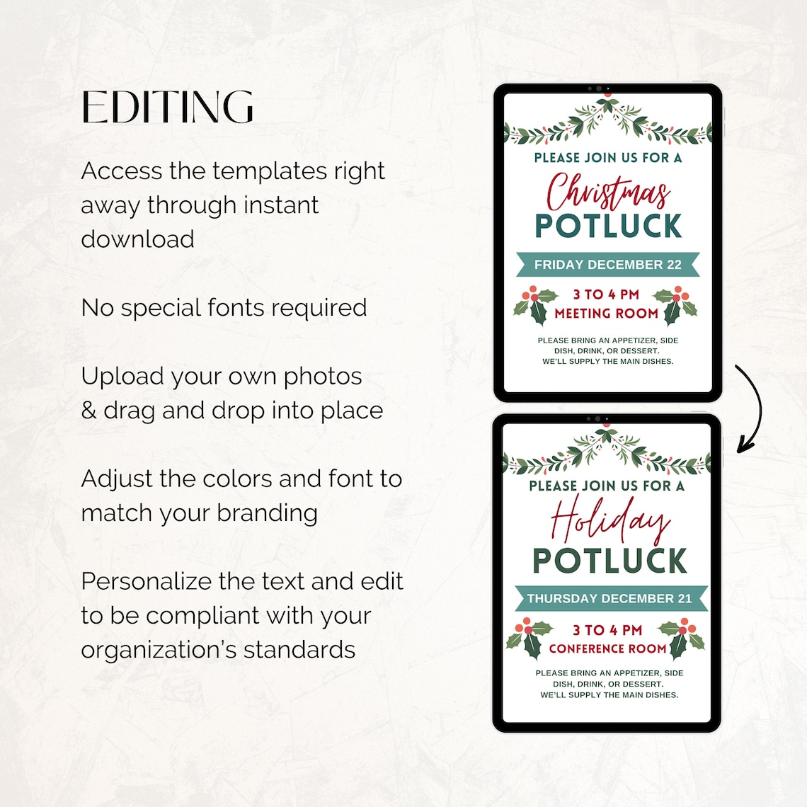 Holiday Potluck Flyer Templates, Winter Potluck Sign, Christmas Office ...