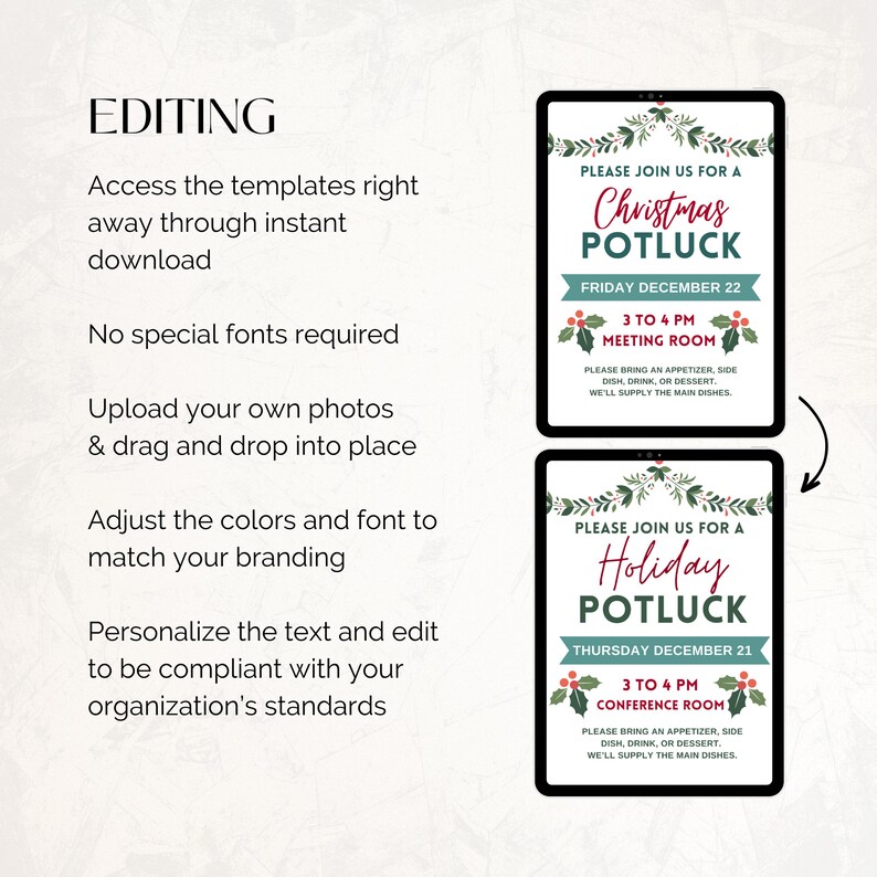 Holiday Potluck Flyer Templates, Winter Potluck Sign, Christmas Office ...