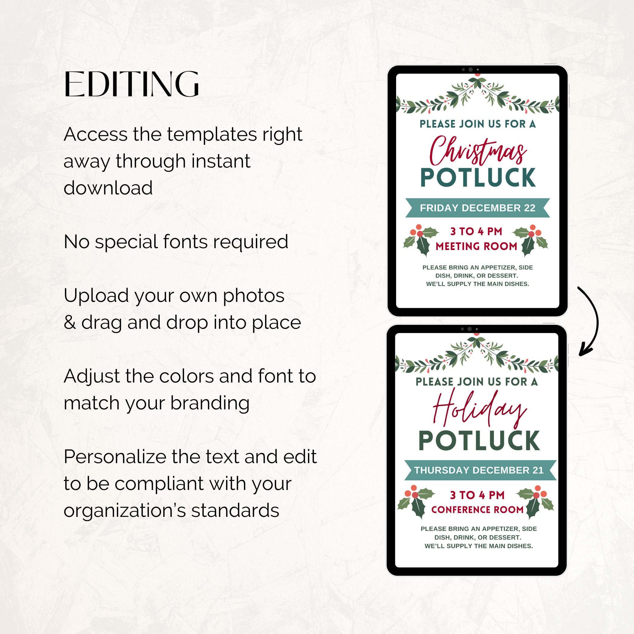 Holiday Potluck Flyer Templates, Winter Potluck Sign, Christmas Office ...
