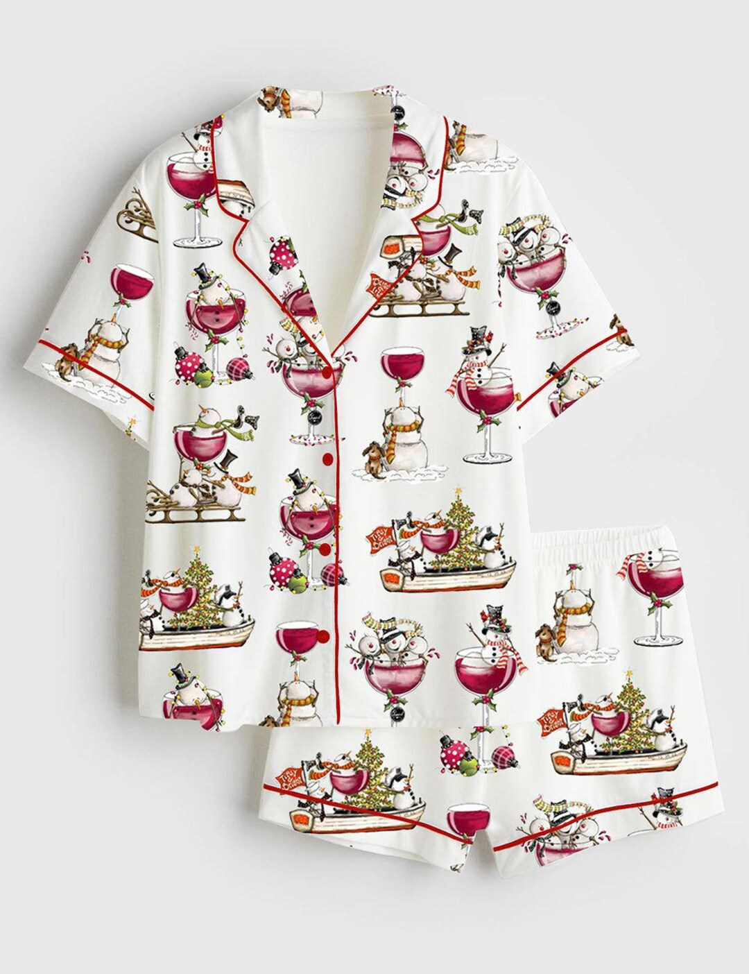 Christmas Winey Snowman Pajama Set, Noel Santa Short Sleeve Satin ...