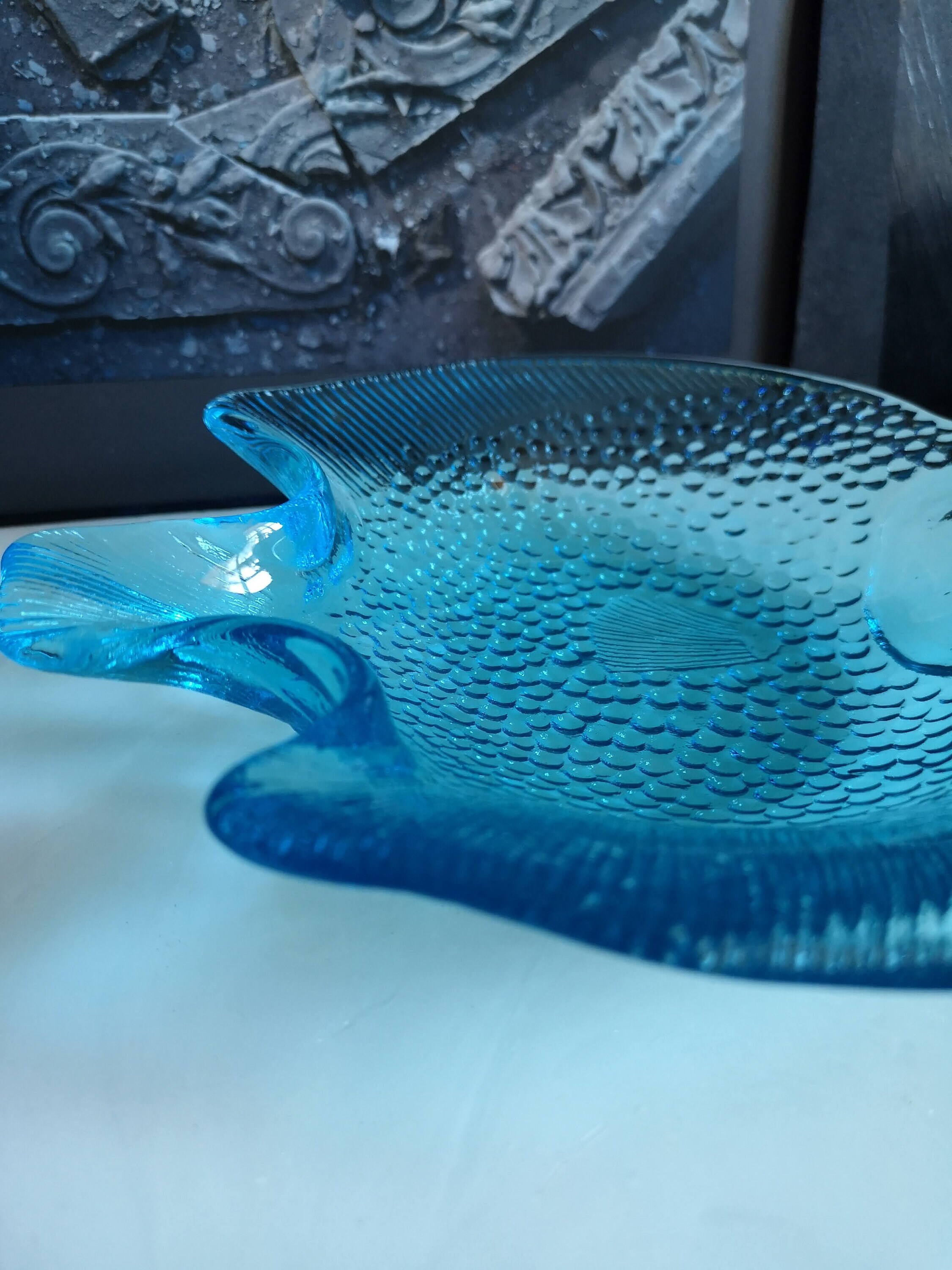 Vintage Fish Shape Glass Bowl Blue Serving Plate Herring Dish Fish Dish ...