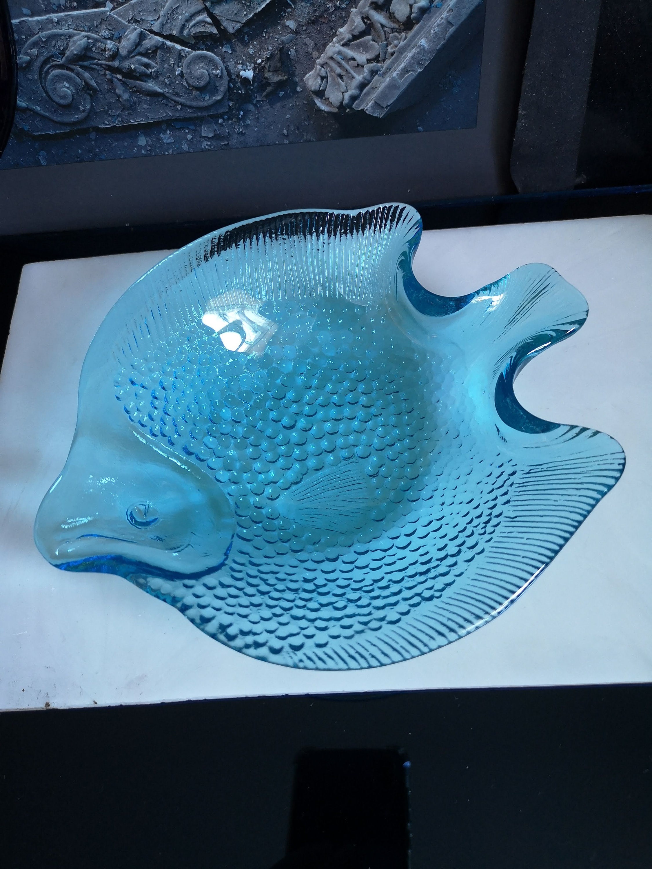 Vintage Fish Shape Glass Bowl Blue Serving Plate Herring Dish Fish Dish ...