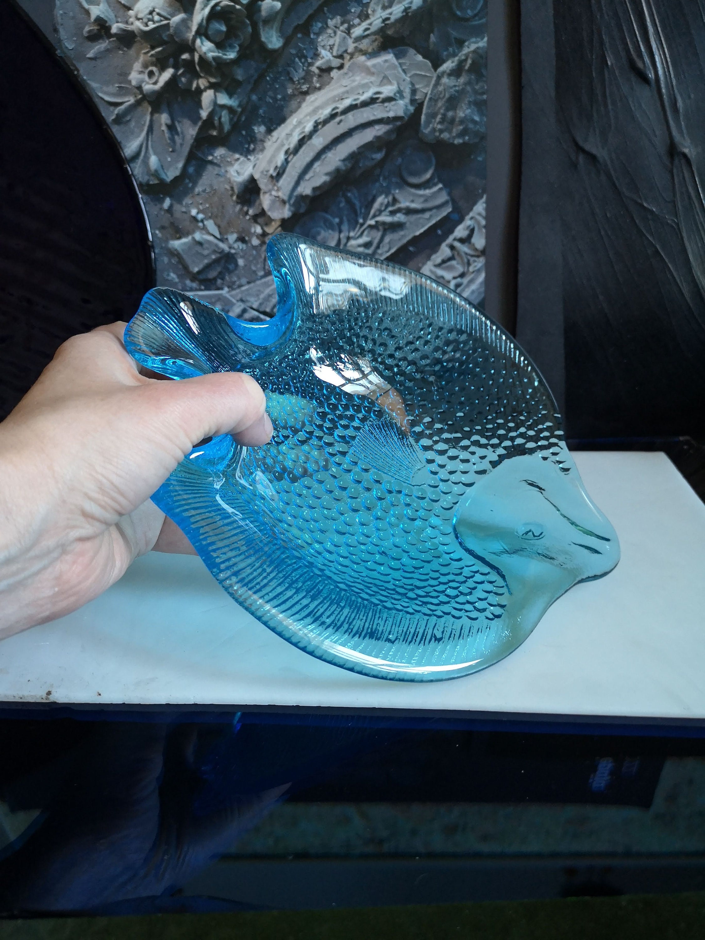 Vintage Fish Shape Glass Bowl Blue Serving Plate Herring Dish Fish Dish ...