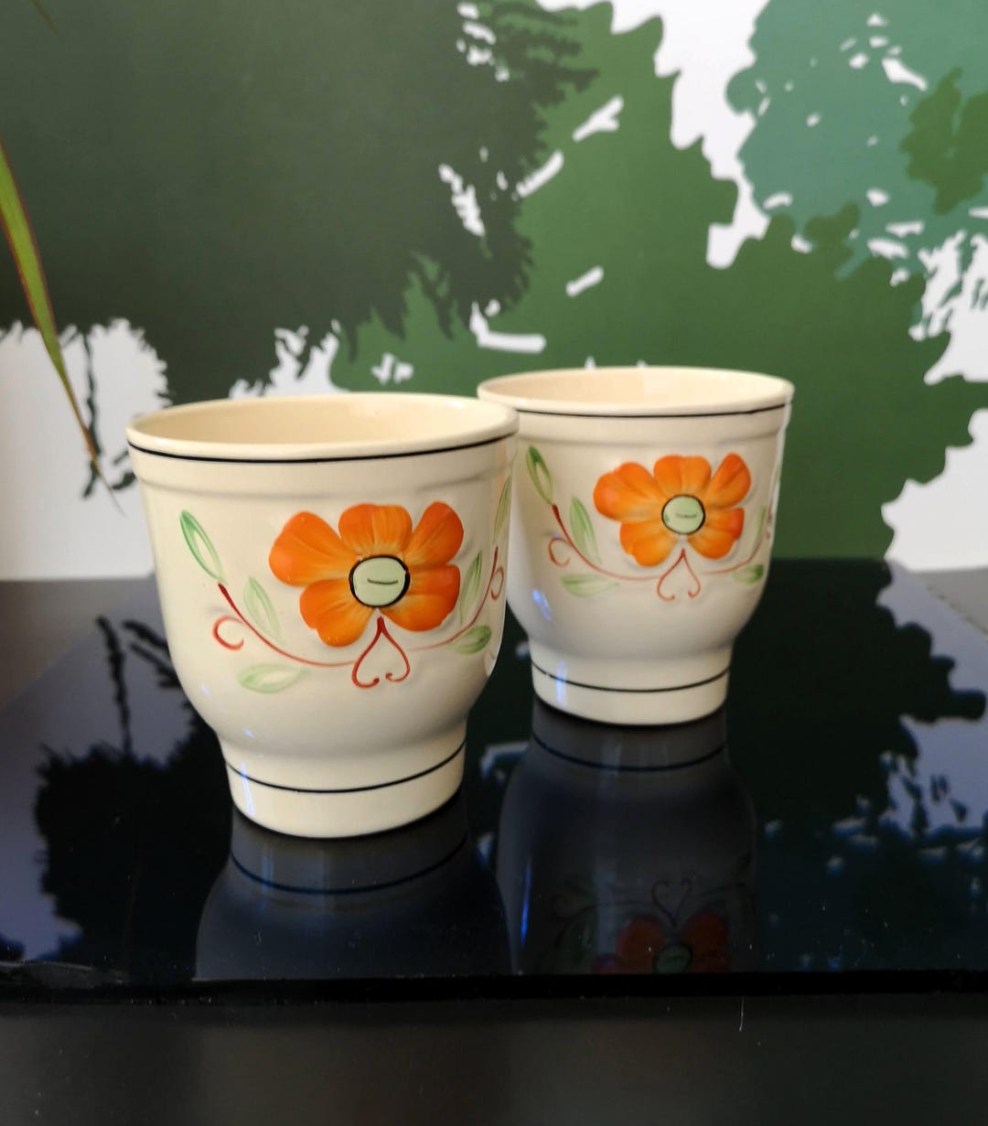 Vintage Soviet Faience Cups Set, Cream Color With Bright Orange Floral ...