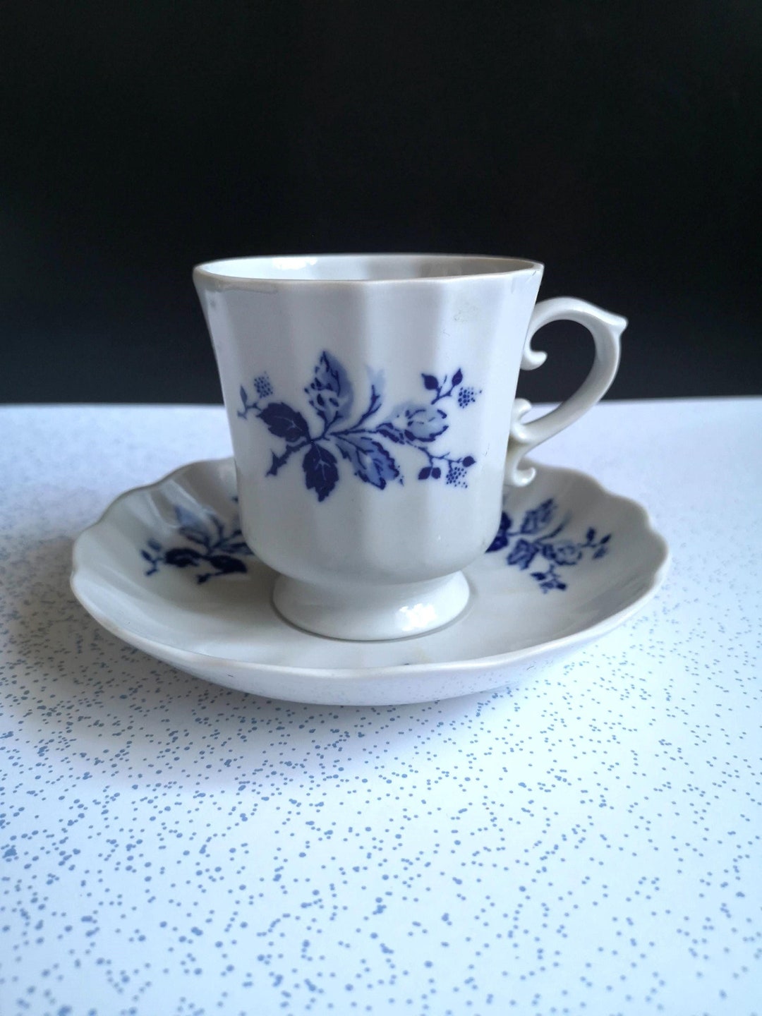 Vintage Coffee Set - Cup and Saucer, White With Dark Blue Floral Design ...