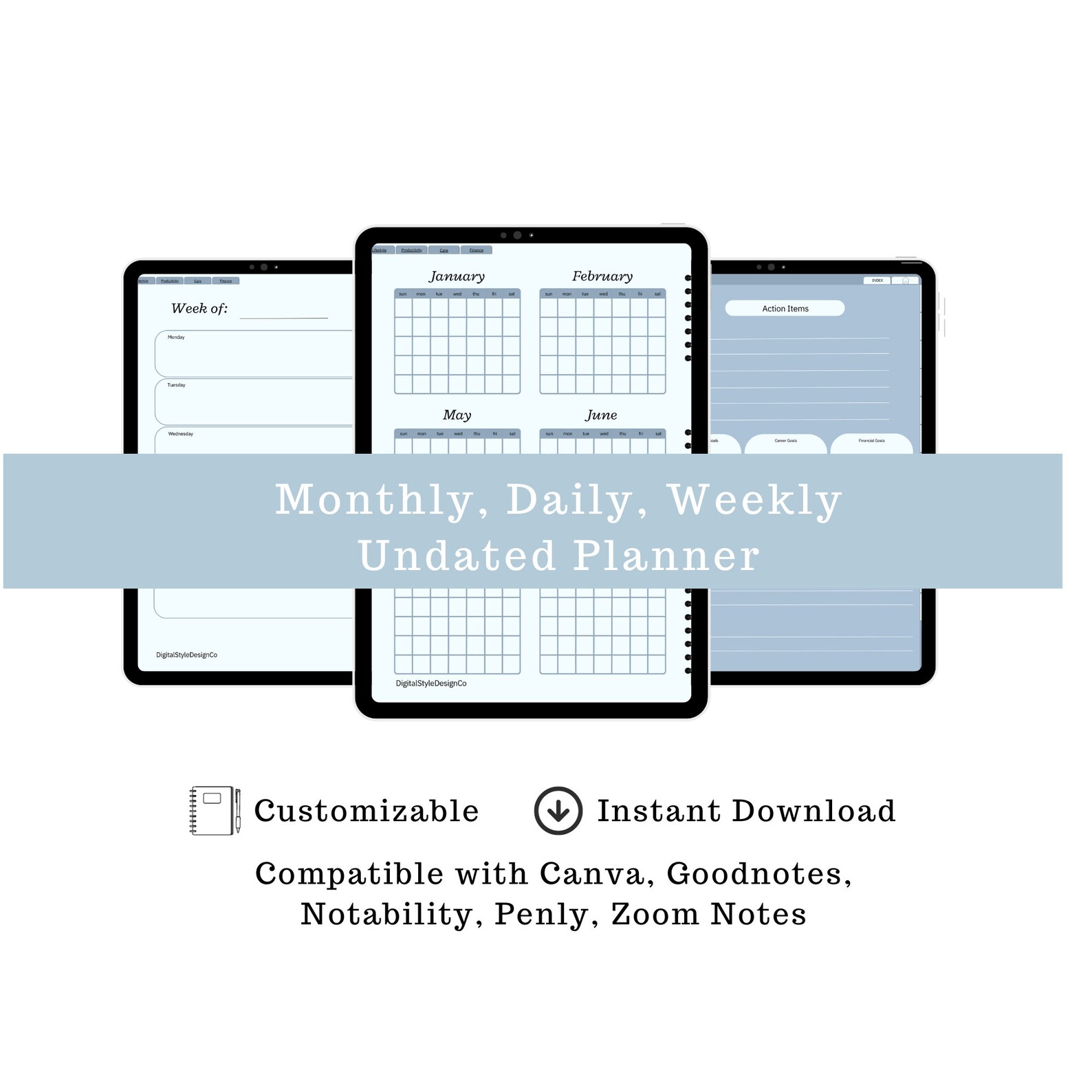 Undated Digital Planner, Editable Digital Planner , Monthly Weekly ...