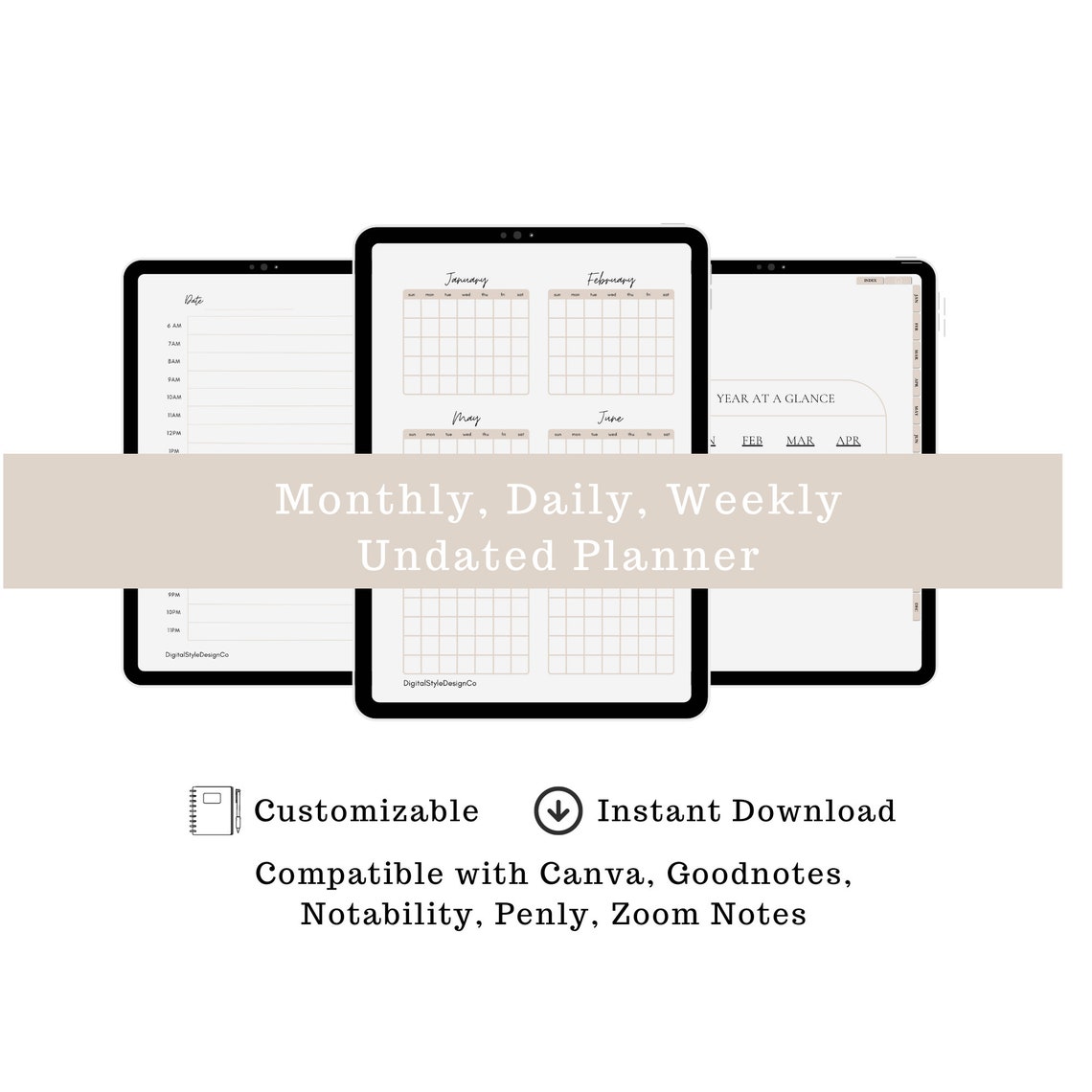 Simple Digital Planner, Editable Undated Digital Planner, Minimalist ...