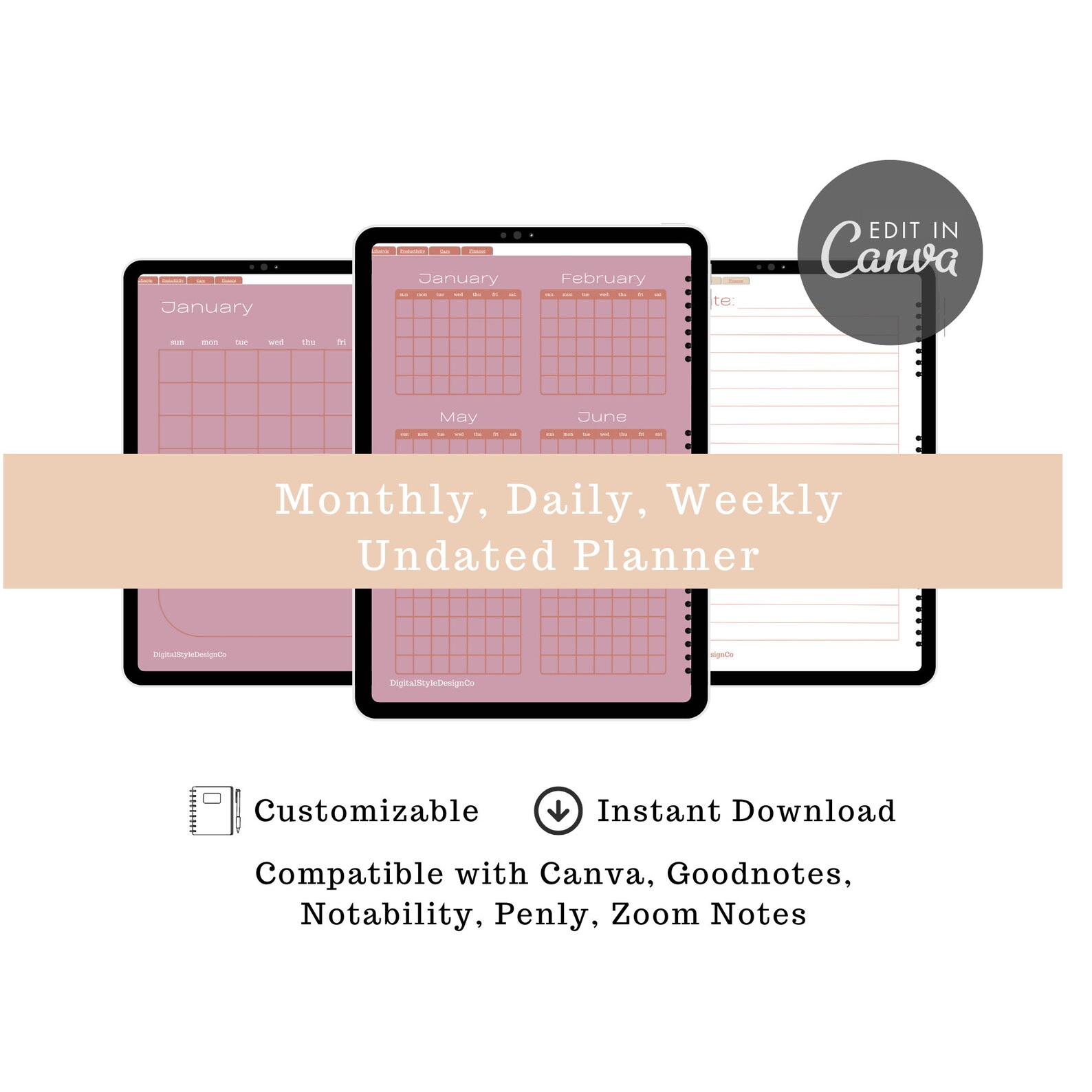 Undated Digital Planner, Editable Digital Planner, Monthly Weekly ...