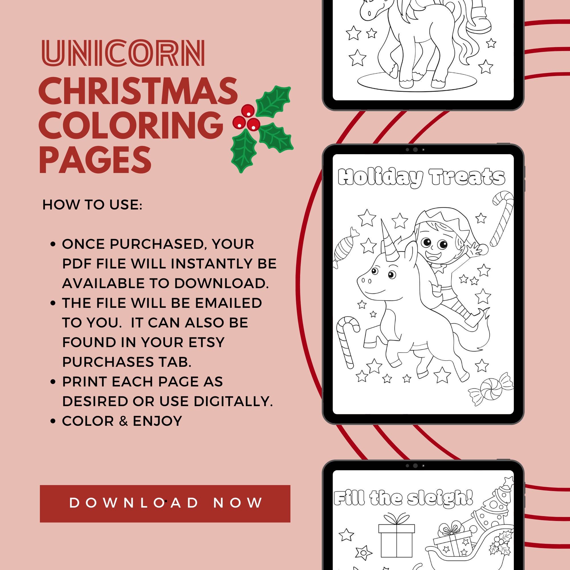 Christmas Unicorn Coloring Page for Kids Family Fun Activity - Etsy