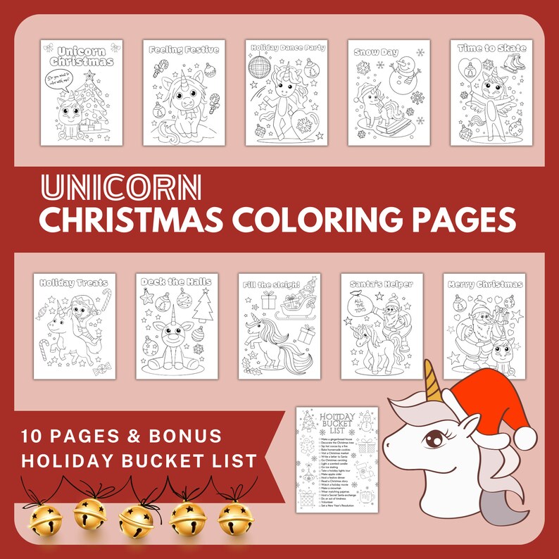 Christmas Unicorn Coloring Page for Kids, Family Fun Activity, Cute ...