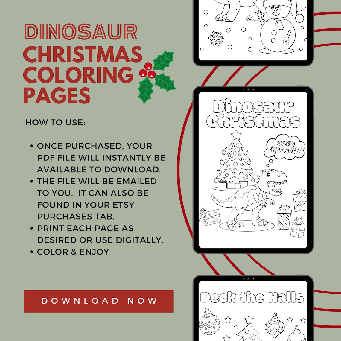 Christmas Dinosaur Coloring Page for Kids Family Fun - Etsy