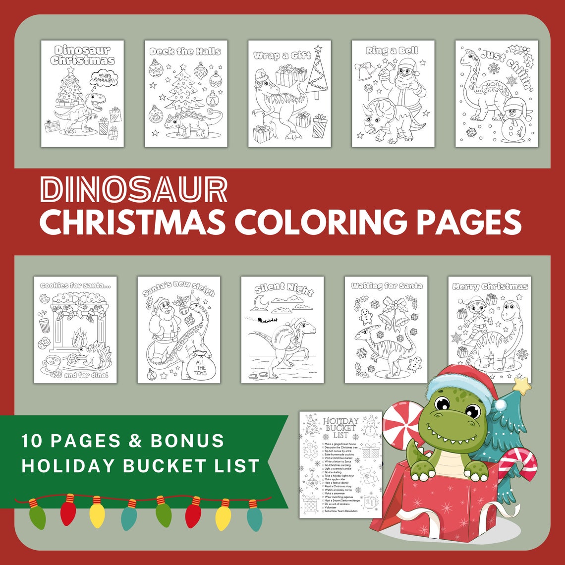 Christmas Dinosaur Coloring Page for Kids Family Fun - Etsy