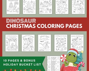 Christmas Dinosaur Coloring Page for Kids, Family Fun Activity, Xmas ...