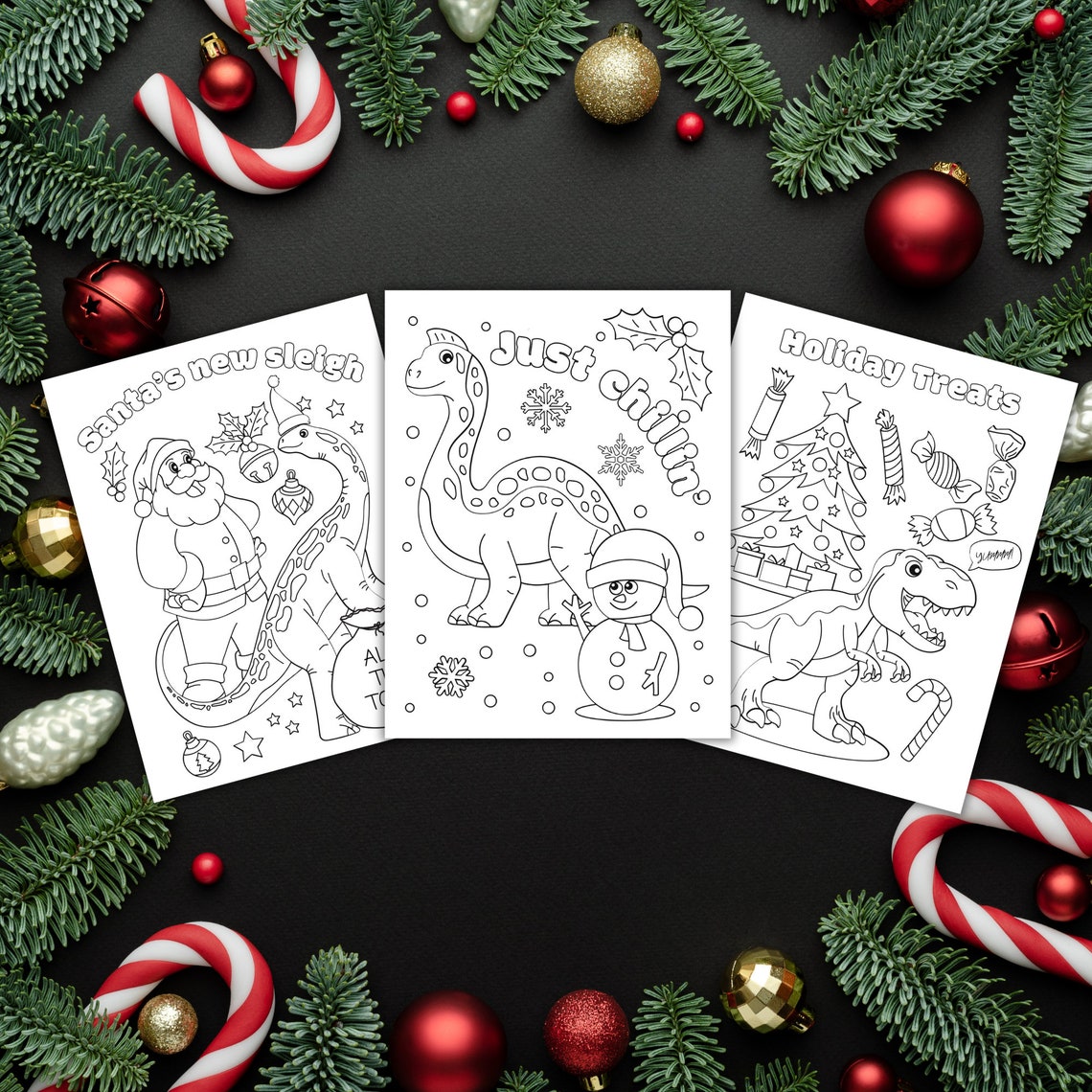 Christmas Dinosaur Coloring Page for Kids, Family Fun Activity, Xmas ...