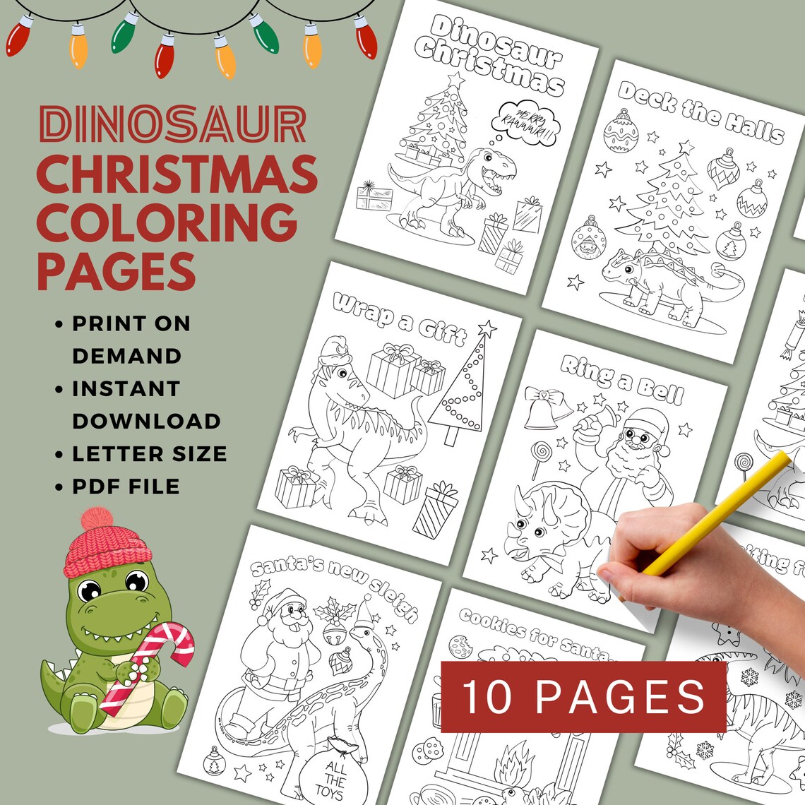 Christmas Dinosaur Coloring Page for Kids, Family Fun Activity, Xmas ...