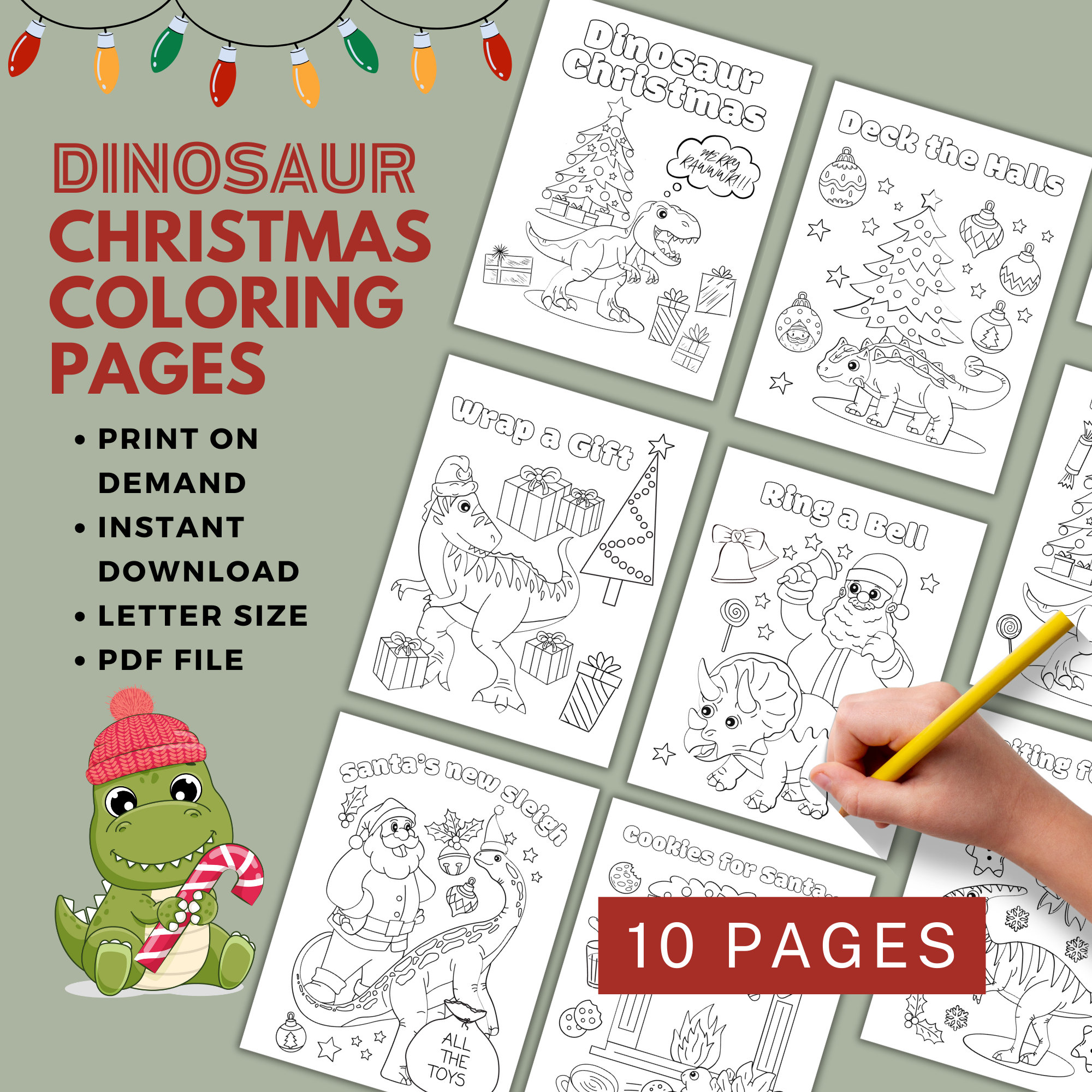 Christmas Dinosaur Coloring Page for Kids, Family Fun Activity, Xmas ...