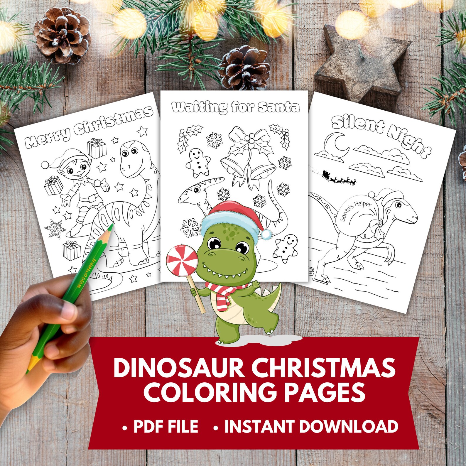 Christmas Dinosaur Coloring Page for Kids Family Fun - Etsy