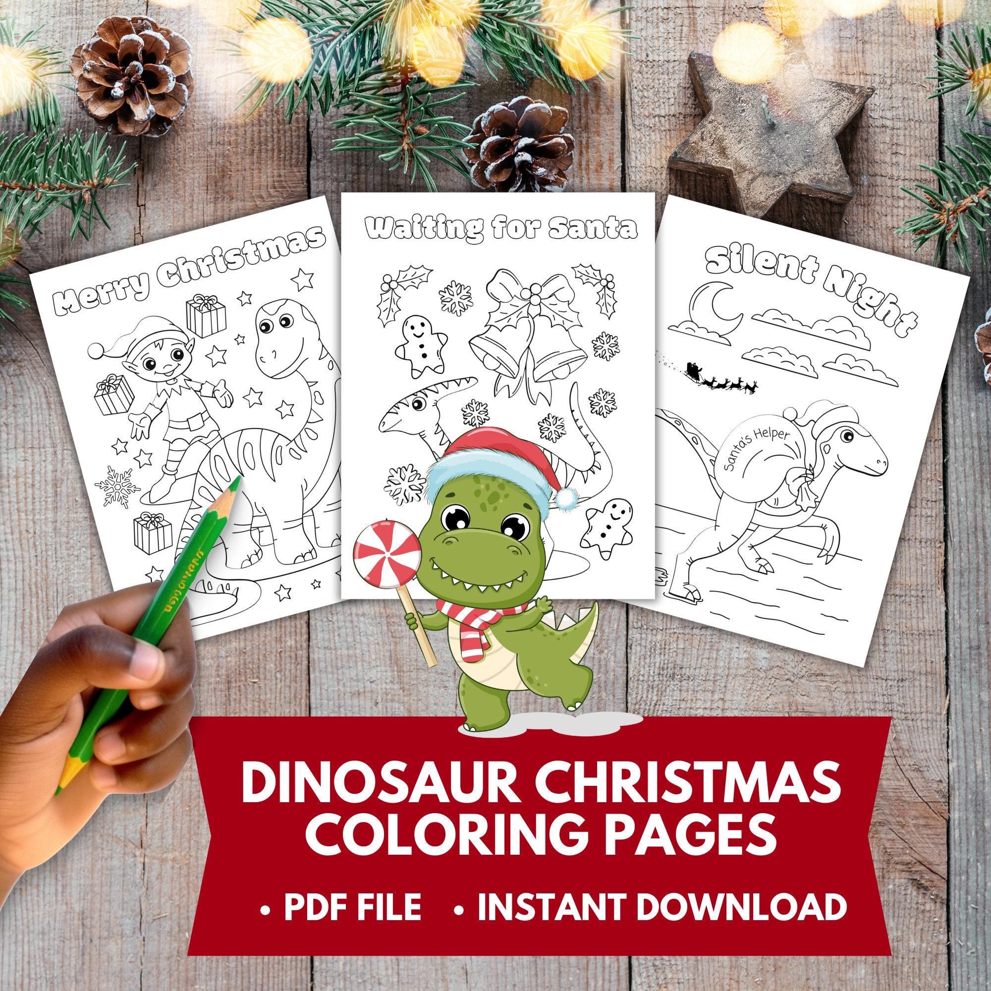 Christmas Dinosaur Coloring Page for Kids, Family Fun Activity, Xmas ...
