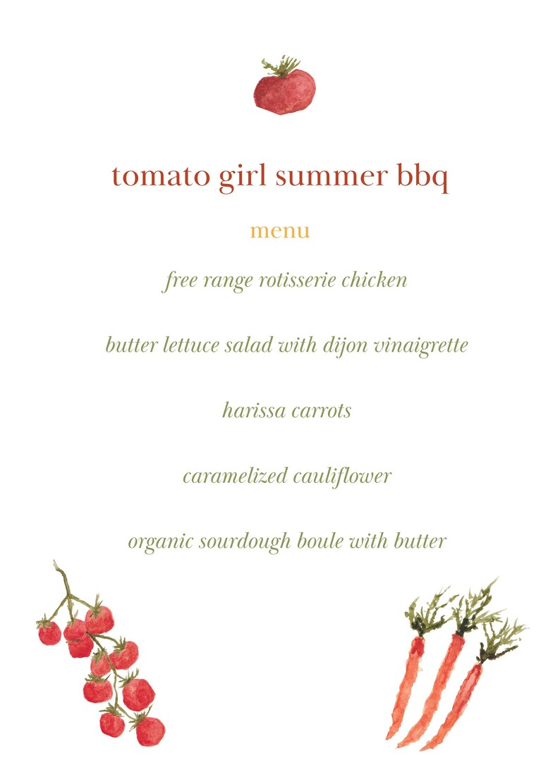 Summer BBQ Menu Template Watercolor Tomato Illustration - Etsy