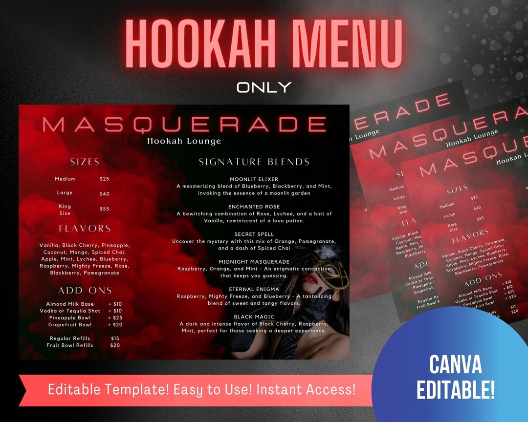 Themed Hookah Menu - Masquerade - Single Page - Etsy