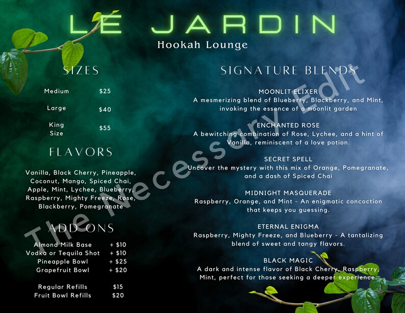 Themed Hookah Menu Le Jardin Single Page - Etsy