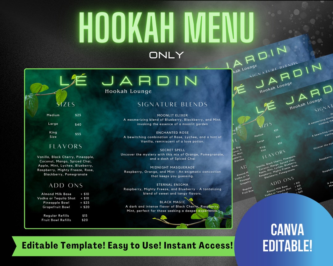 Themed Hookah Menu Le Jardin Single Page - Etsy