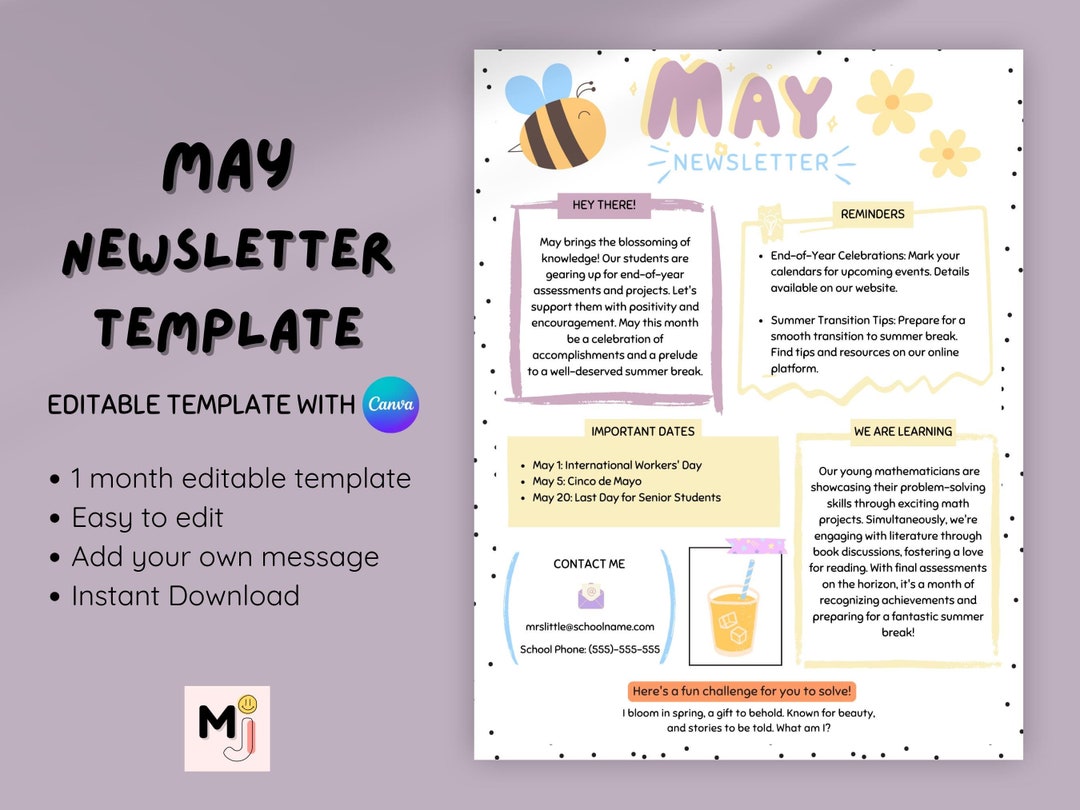 May Newsletter Template, Editable Newsletter, Monthly Newsletter ...