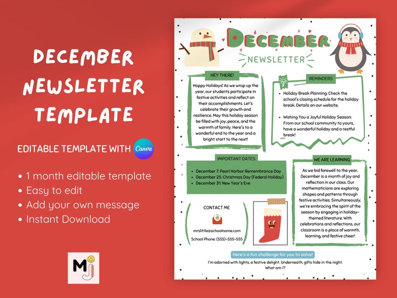 December Newsletter Template, Editable Newsletter, Monthly Newsletter ...