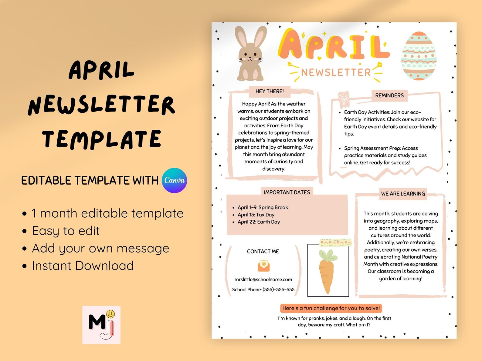 April Newsletter Template, Editable Newsletter, Monthly Newsletter ...