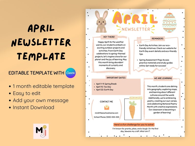 April Newsletter Template, Editable Newsletter, Monthly Newsletter ...