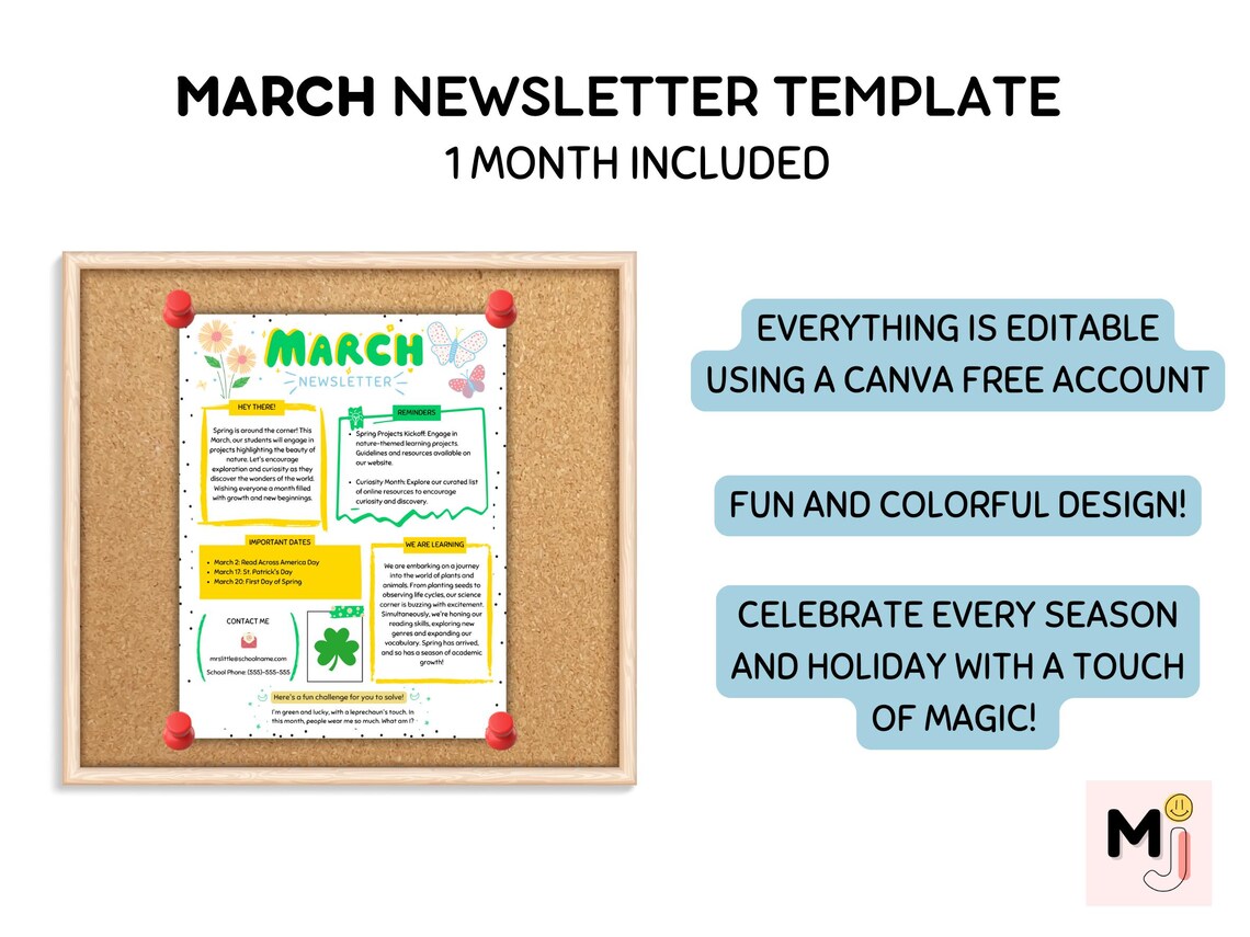 March Newsletter Template, Editable Newsletter, Monthly Newsletter ...