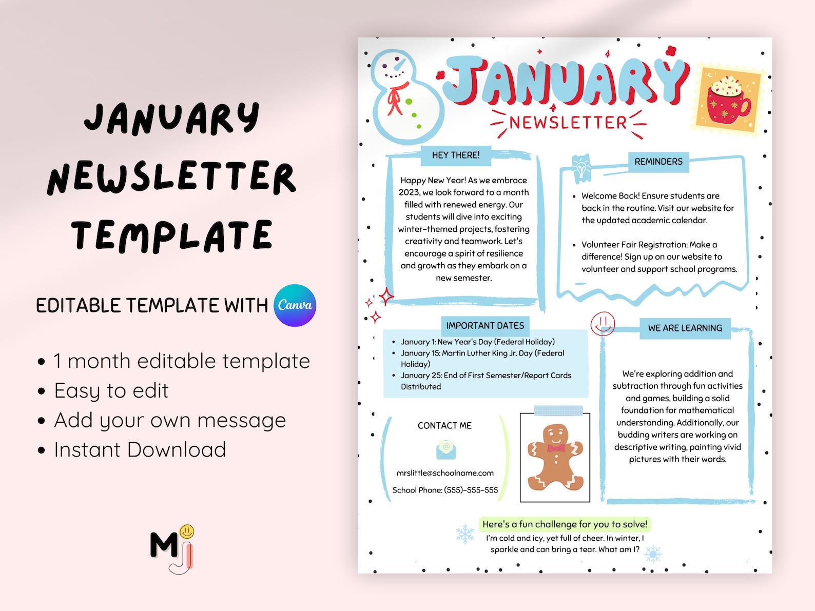 January Newsletter Template, Editable Newsletter, Monthly Newsletter ...