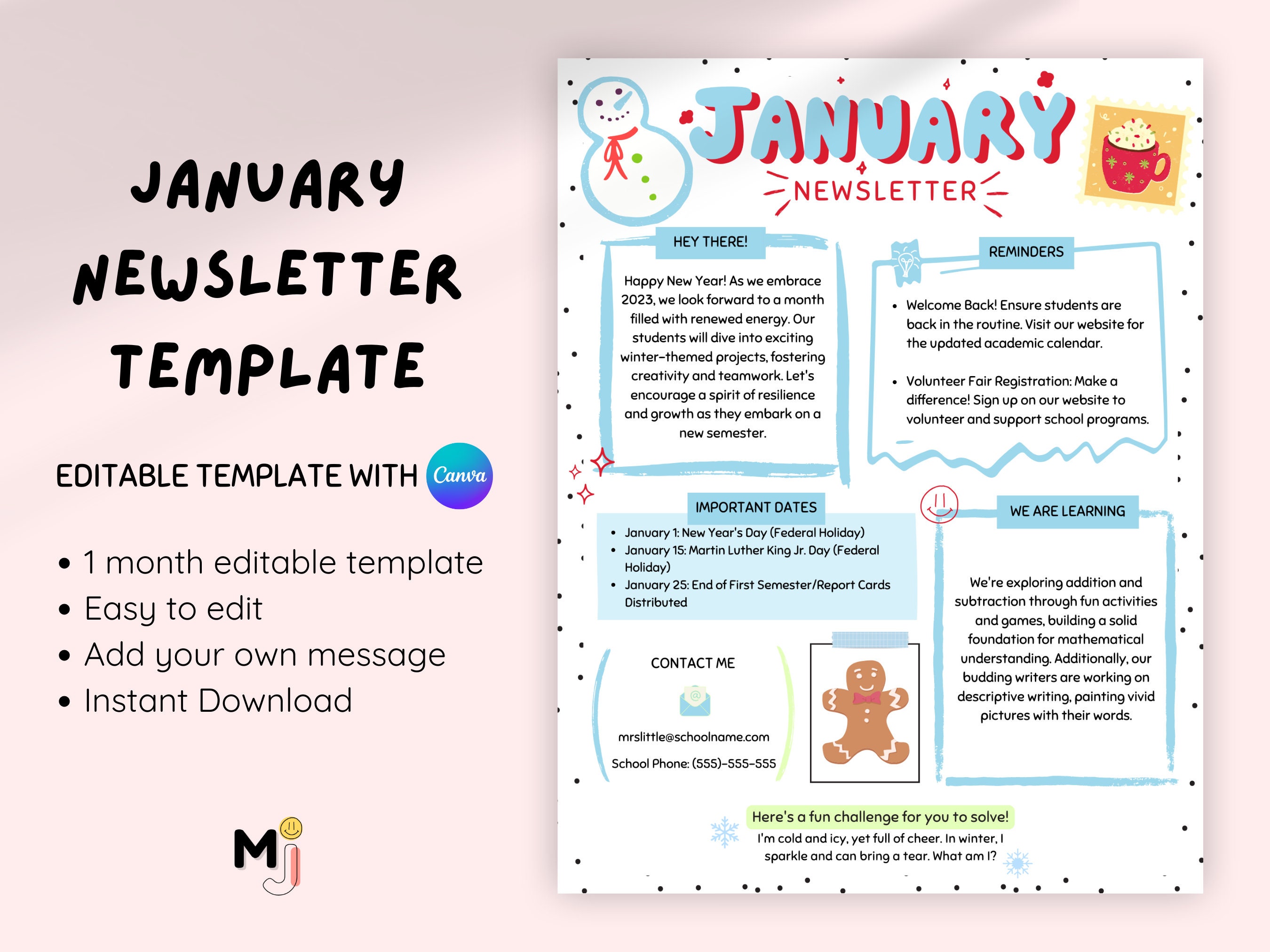 January Newsletter Template, Editable Newsletter, Monthly Newsletter ...