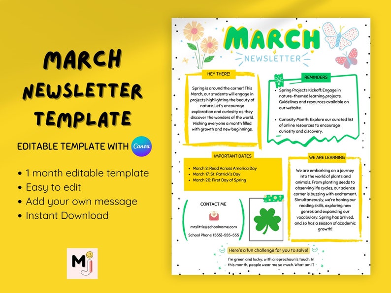 March Newsletter Template, Editable Newsletter, Monthly Newsletter ...