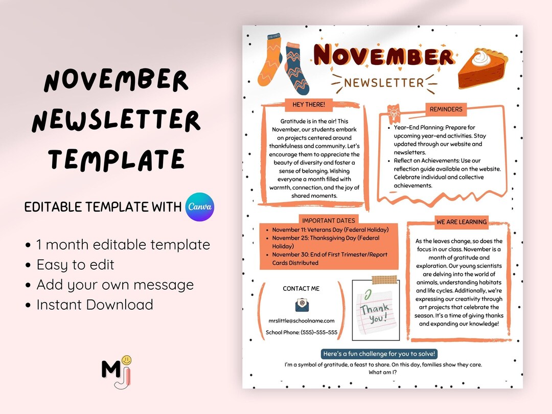 November Newsletter Template, Editable Newsletter, Monthly Newsletter ...