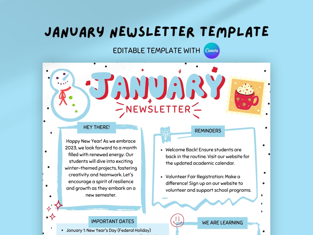 January Newsletter Template, Editable Newsletter, Monthly Newsletter ...