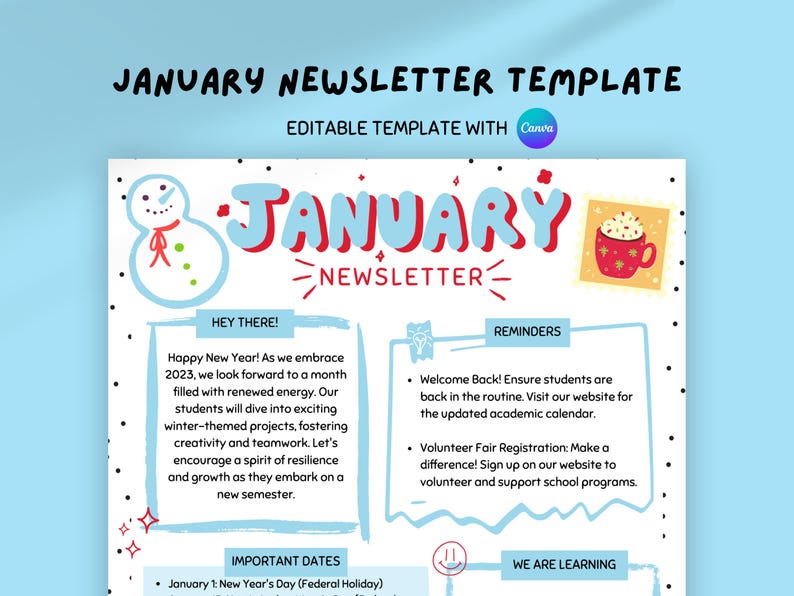 January Newsletter Template, Editable Newsletter, Monthly Newsletter ...