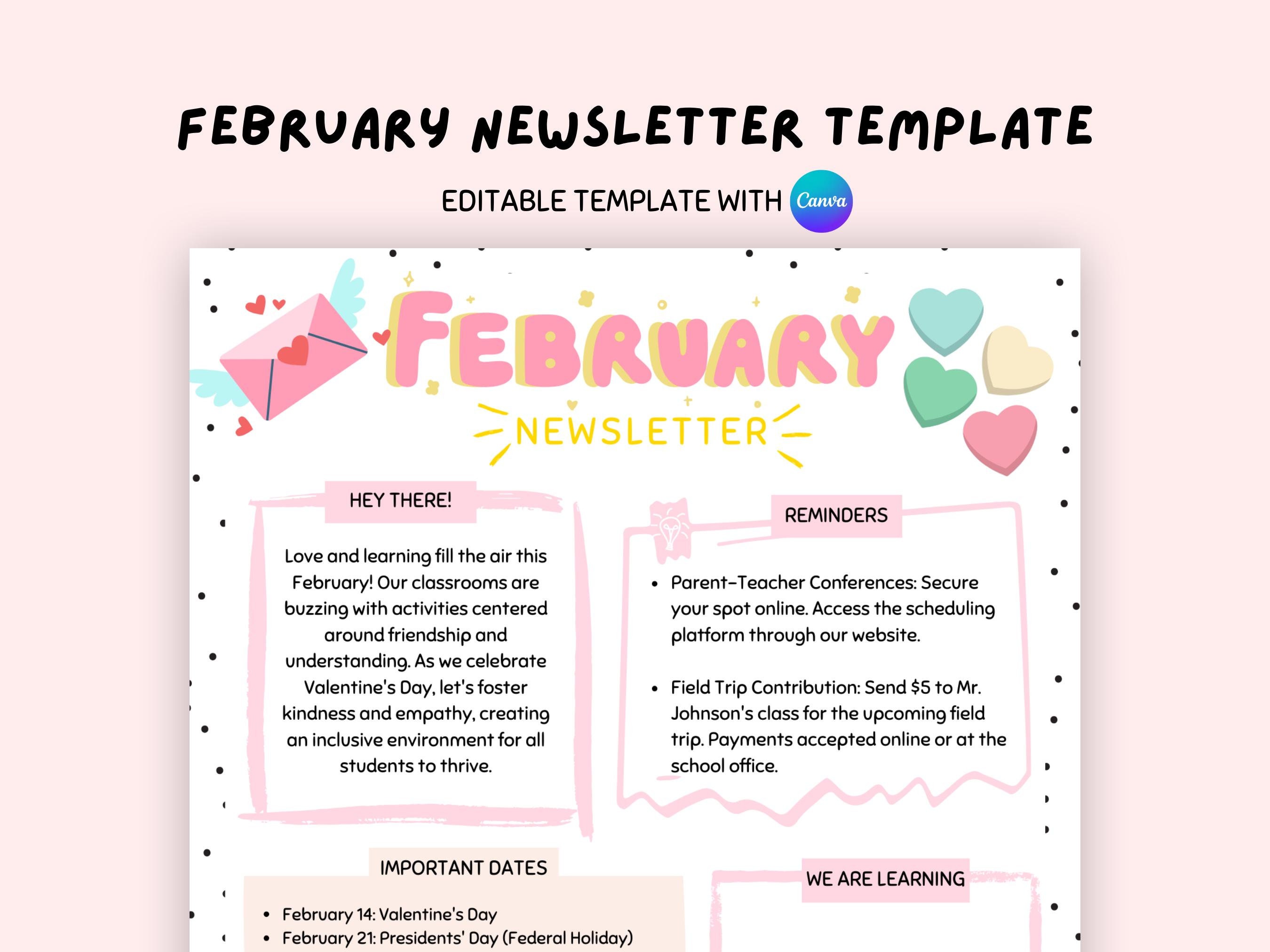 February Newsletter Template, Editable Newsletter, Monthly Newsletter ...
