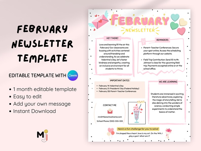 February Newsletter Template, Editable Newsletter, Monthly Newsletter ...