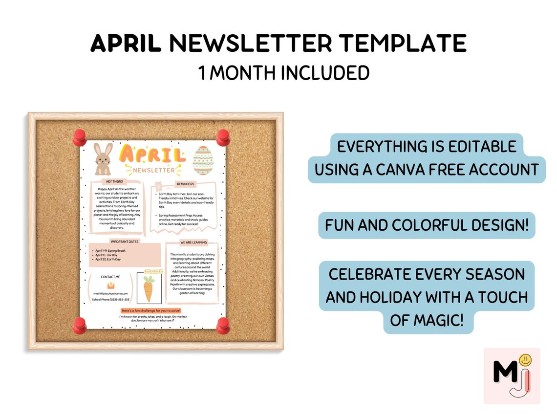 April Newsletter Template, Editable Newsletter, Monthly Newsletter ...