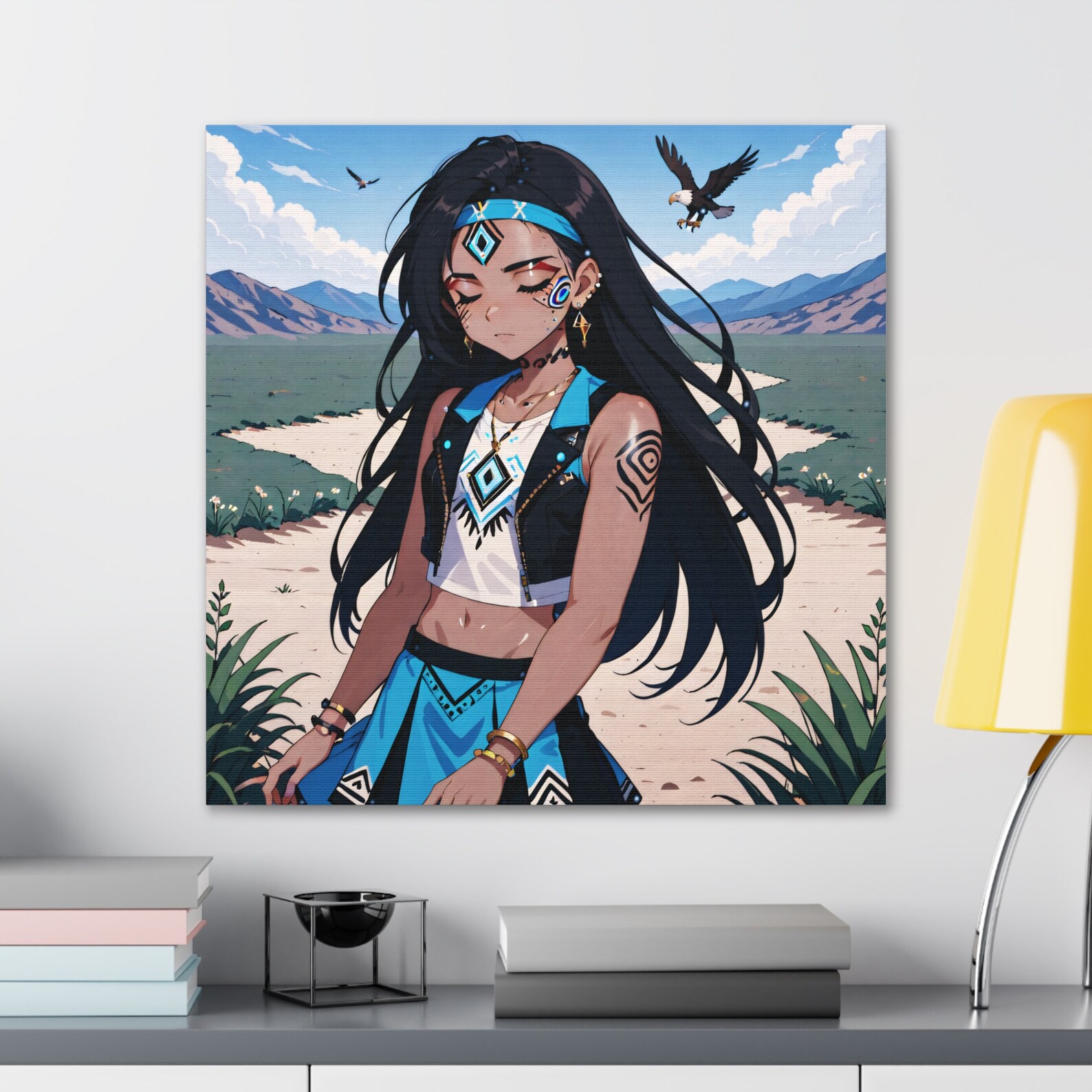 Manga Style Native American Art Print Wrapped Canvas Stretched on Wood ...