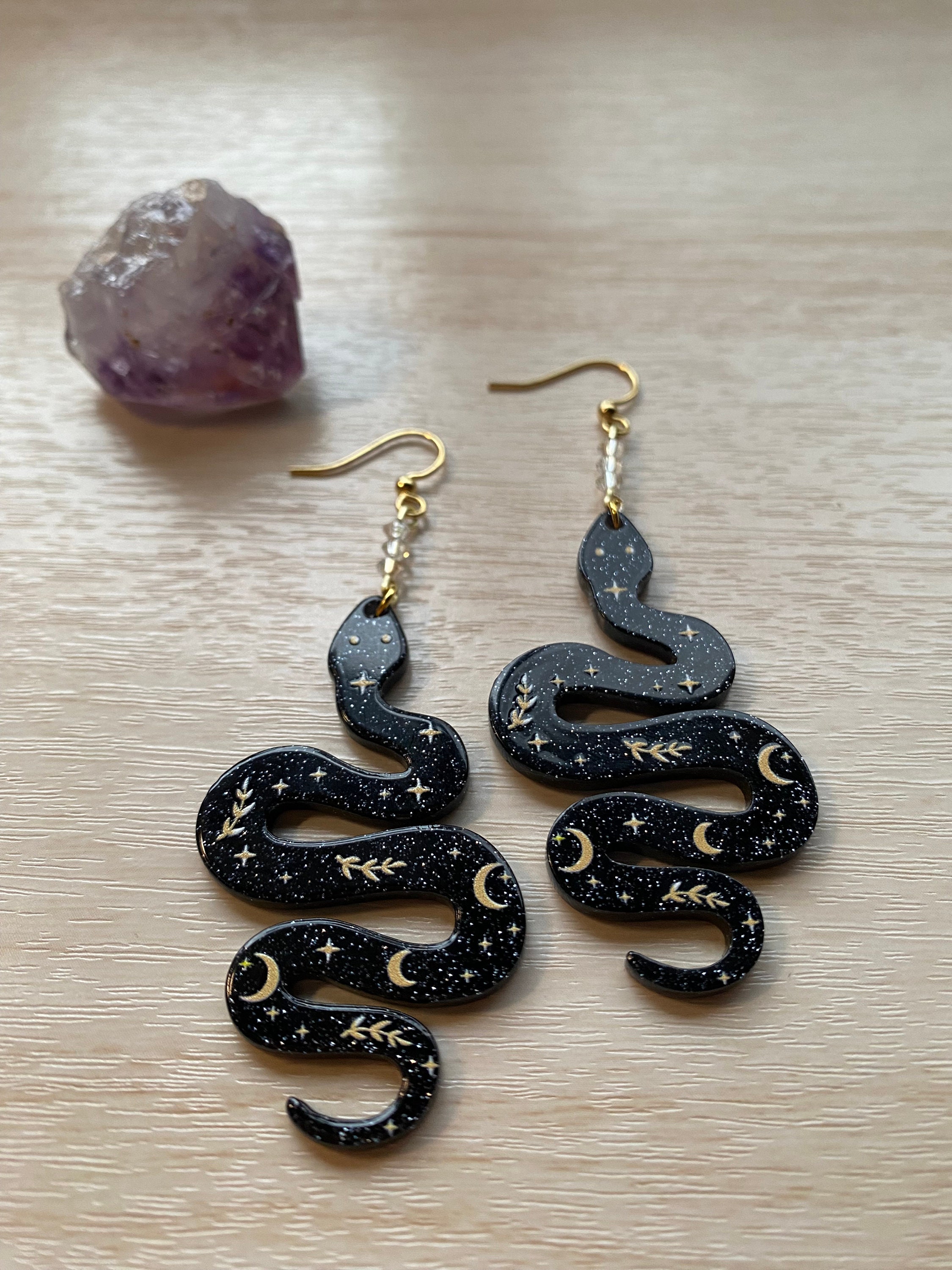 Celestial Serpent Earrings, Black and Gold, Edgy, Glittery Snake ...