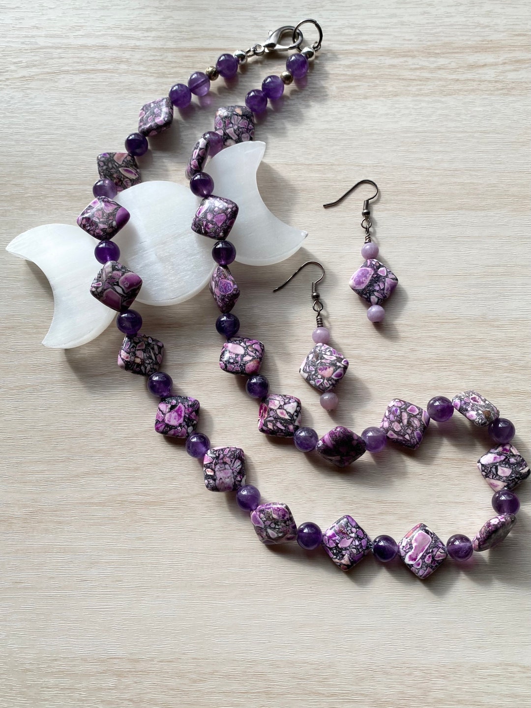 Amethyst and Mosaic Beaded Necklace and Earring Set, Square Beads ...